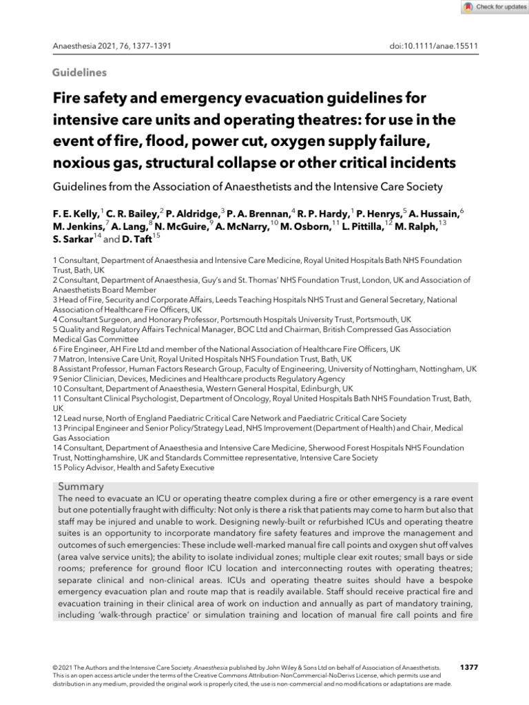 Anaesthesia - 2021 - Kelly - Fire Safety and Emergency Evacuation Guidelines For Intensive Care ...