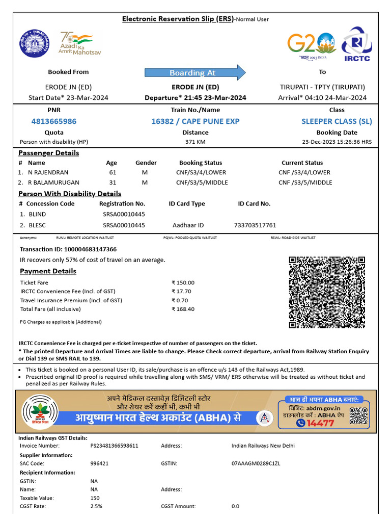 Cape Pune Exp Sleeper Class (SL) | PDF | Identity Document | Payments