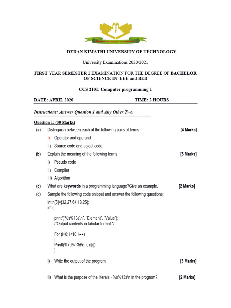 Ccs 2101 Computer Programming 1 Question Papereeeand Bed Pdf Software 6155