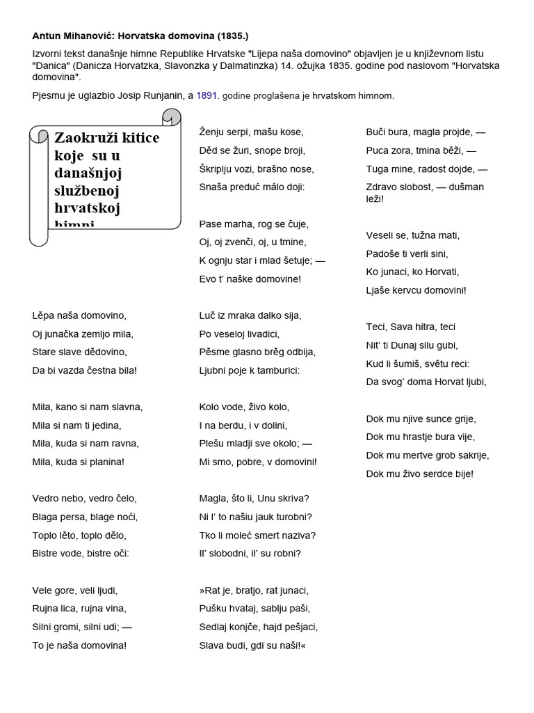 Obilježja Državnosti Republike Hrvatske - Tekst Himne | PDF