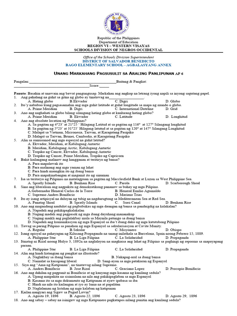 Araling Panlipunan Q1 Exams | PDF