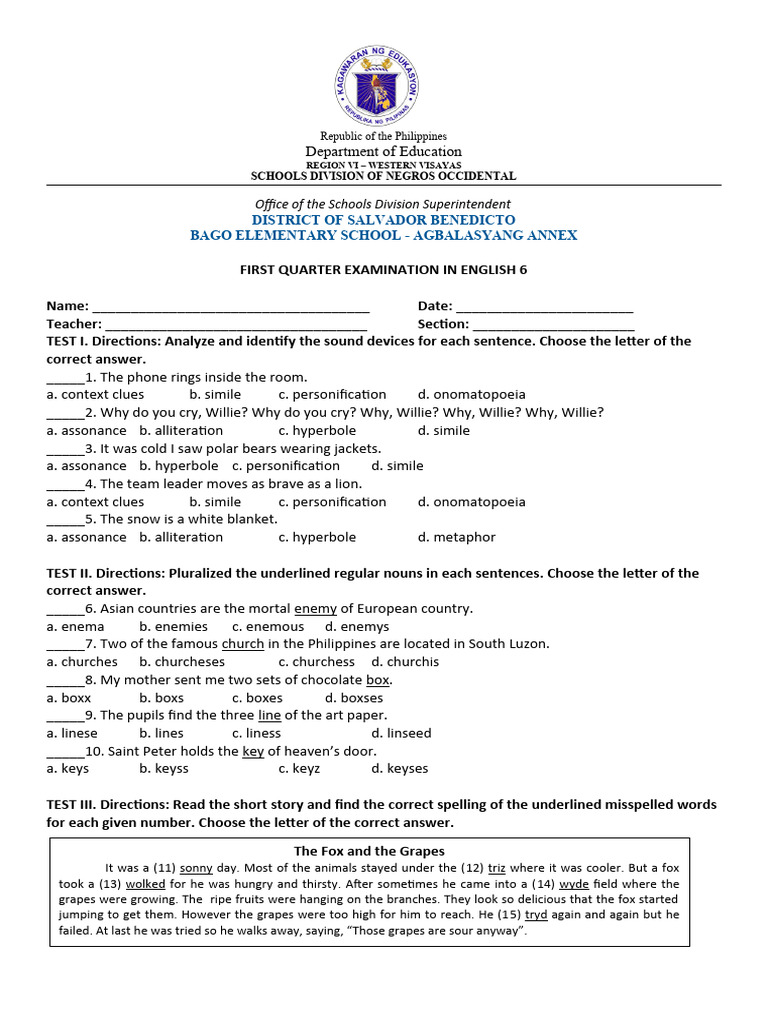 English q1 Exams | PDF