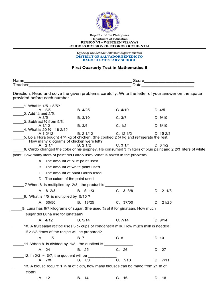 Mathematics Q1 Exams Grade 6 | PDF