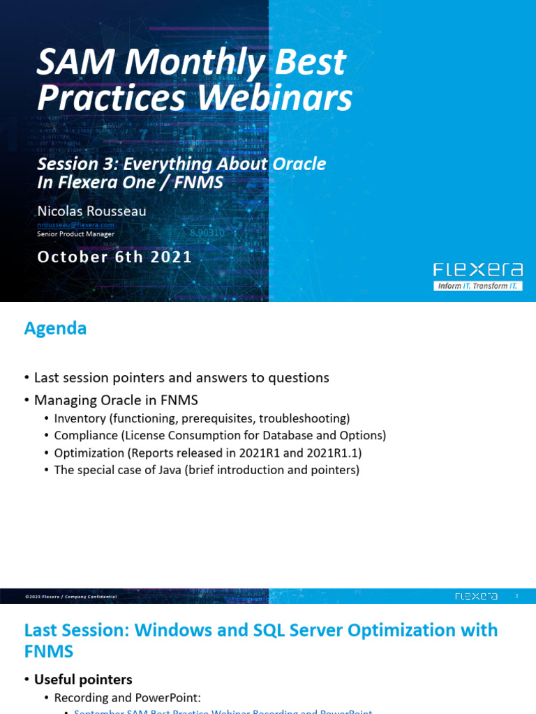 SAM Best Practice Monthly Call 3 - Everything About Oracle in FNMS | PDF