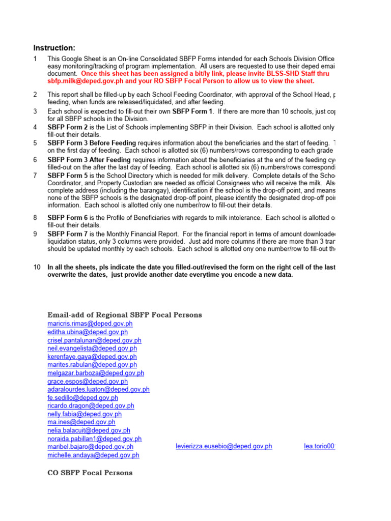 Consolidated SBFP Forms Google Sheet SDO Schools | PDF