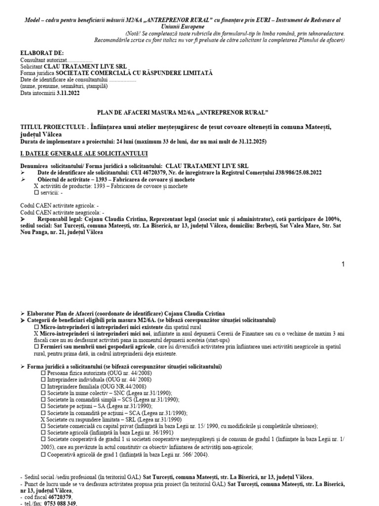 Anexa 2 Model Plan de Afaceri M2 6A-14.10.2022 - In Curs de Completare ... Anexa 2 Model Plan de Afaceri M2 6A-14.10.2022 - In Curs de Completare ...