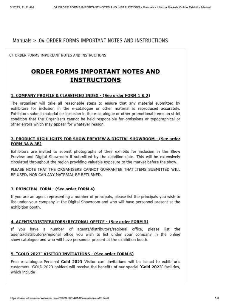 Order Forms and Instructions for Exhibitors | PDF