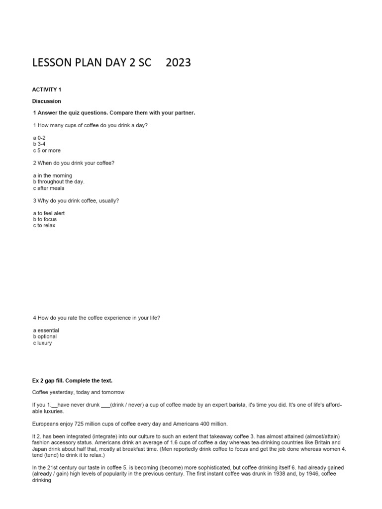 LESSON PLAN DAY 2 TCM C1.1 KN SC 2023.odt_1 | PDF | Dream | Coffee