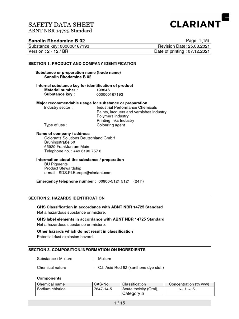 Sanolin Rhodamine B 02 Safety Data Sheet | PDF | Toxicity | Chemistry