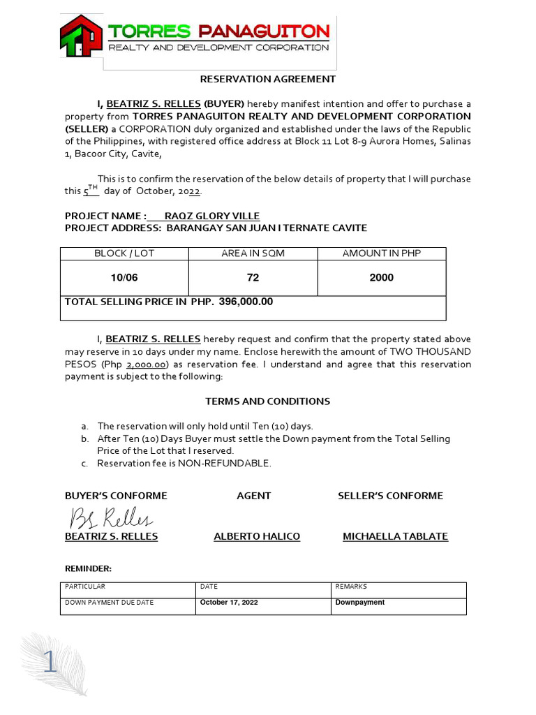 Property Reservation Agreement | PDF