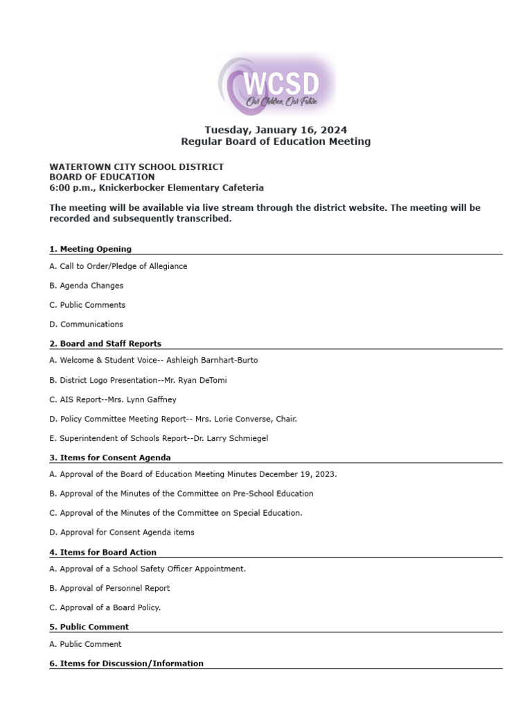 Watertown School Board Meeting Agenda | PDF | Social Science