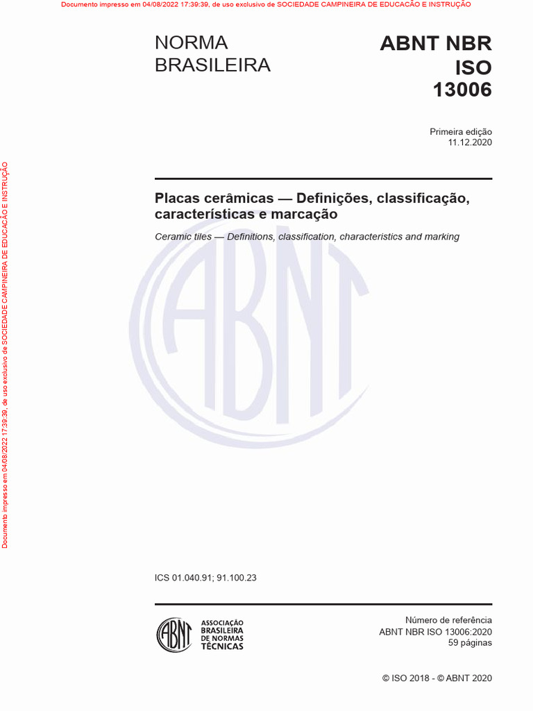 NBR+ISO+13006+ +Placas+Ceramicas+2020 | PDF