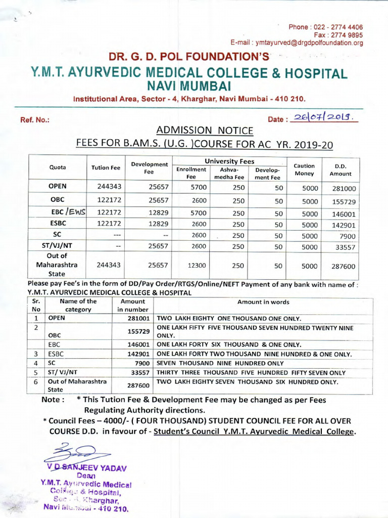 Fees Structure BAMS 2019 201 | PDF