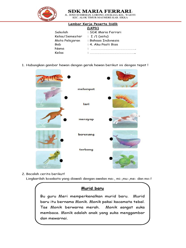 LKPD Bahasa Indonesia Kelas 1 Bab 4 | PDF
