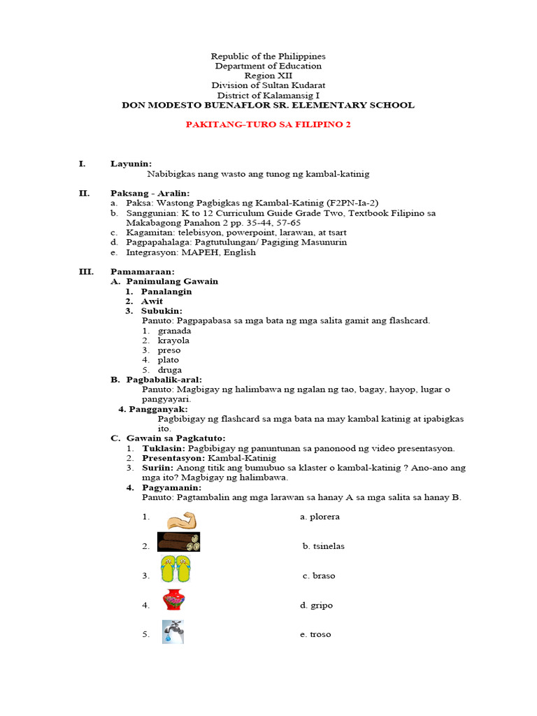 BANGHAY ARALIN SA FILIPINO COT 1. Ikalawang Markahan | PDF