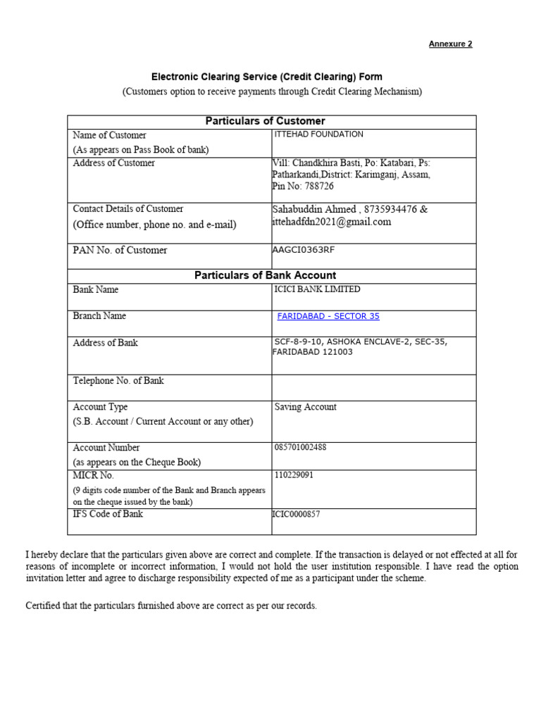 Electronic Clearing Service Form | PDF | Cheque | Banks
