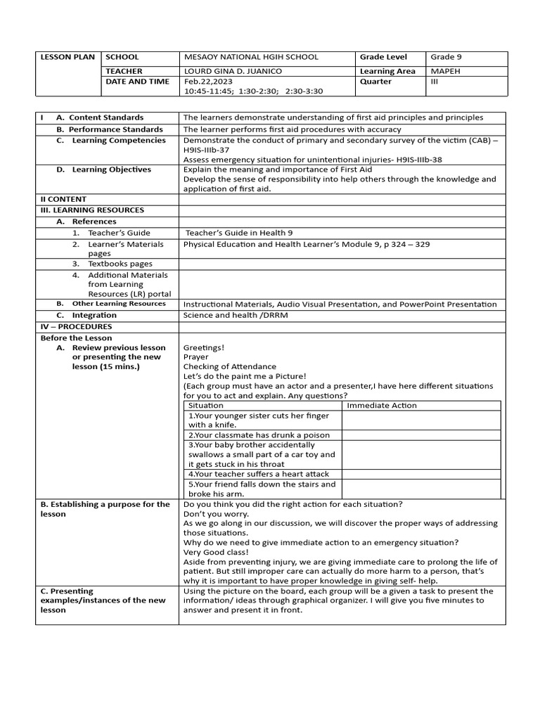 Lesson Plan-Q3 h9 | Download Free PDF | First Aid | Learning