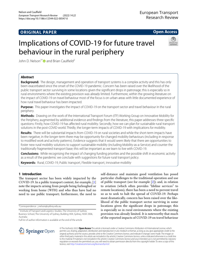 Implications of COVID19 For Future Travel Behaviour in The Rural ...