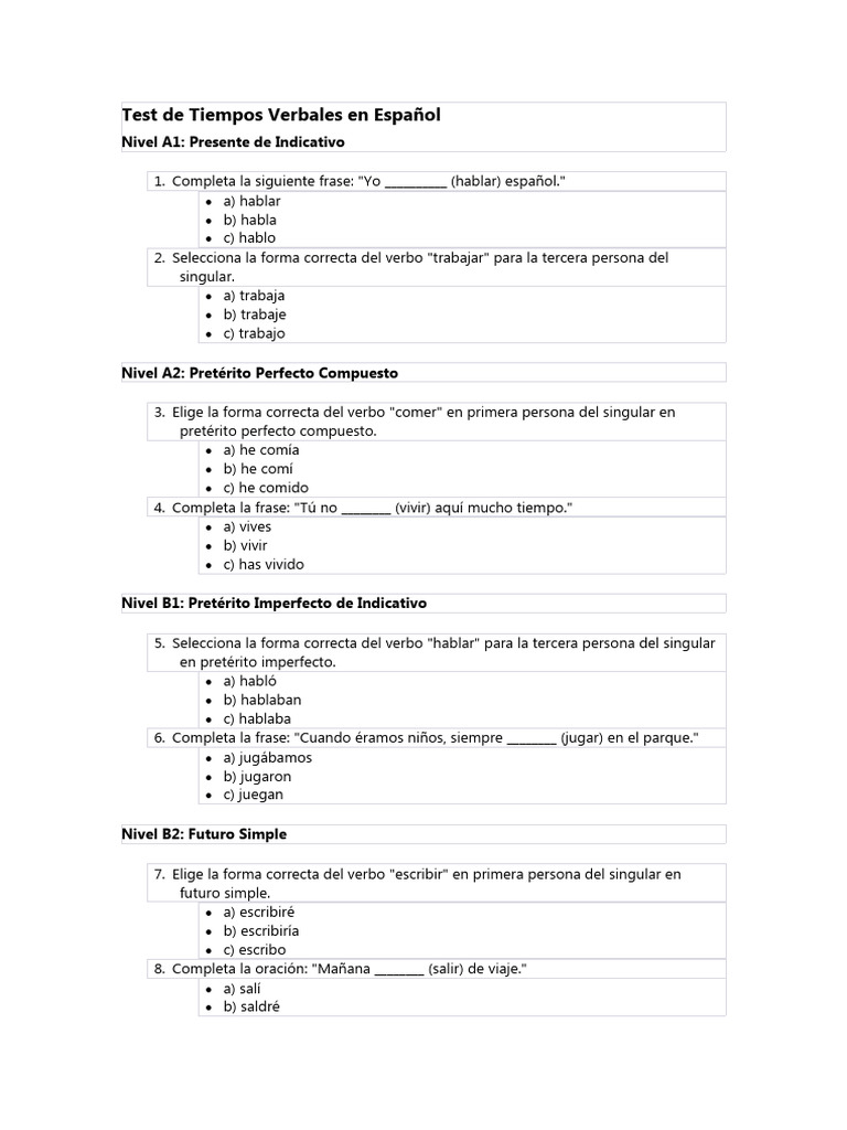 Test Verbos Español para Estudiantes | PDF | Verbo | Morfología Lingüística