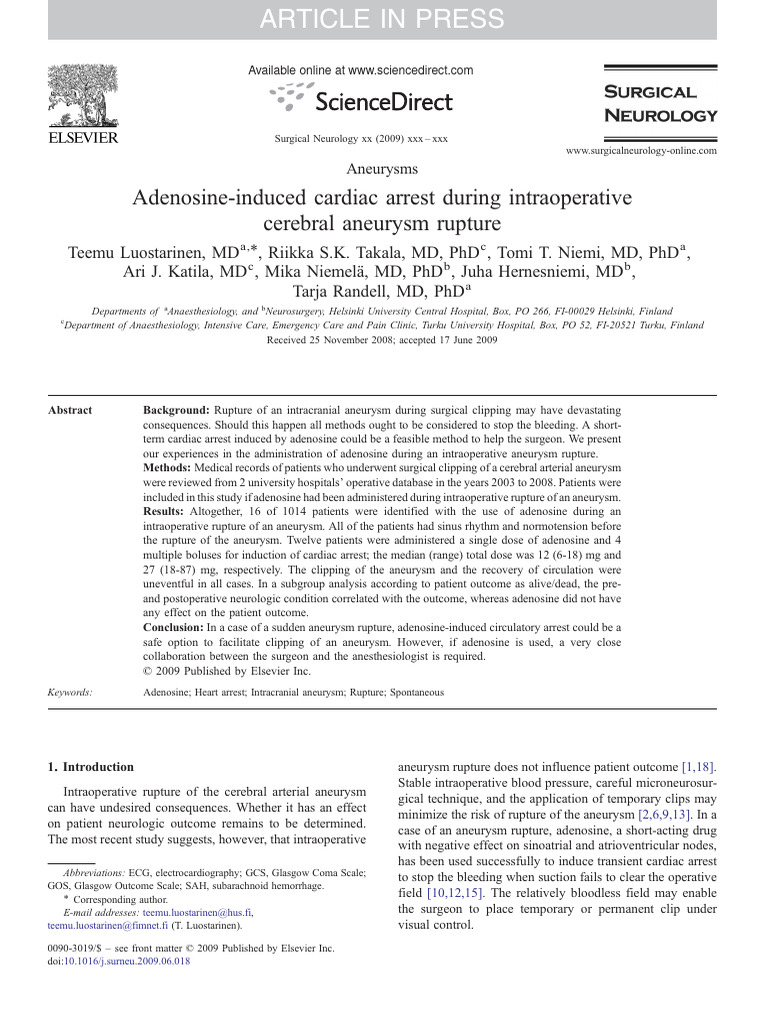 Adenosine-Induced Cardiac Arrest During Intraoperative Cerebral ...