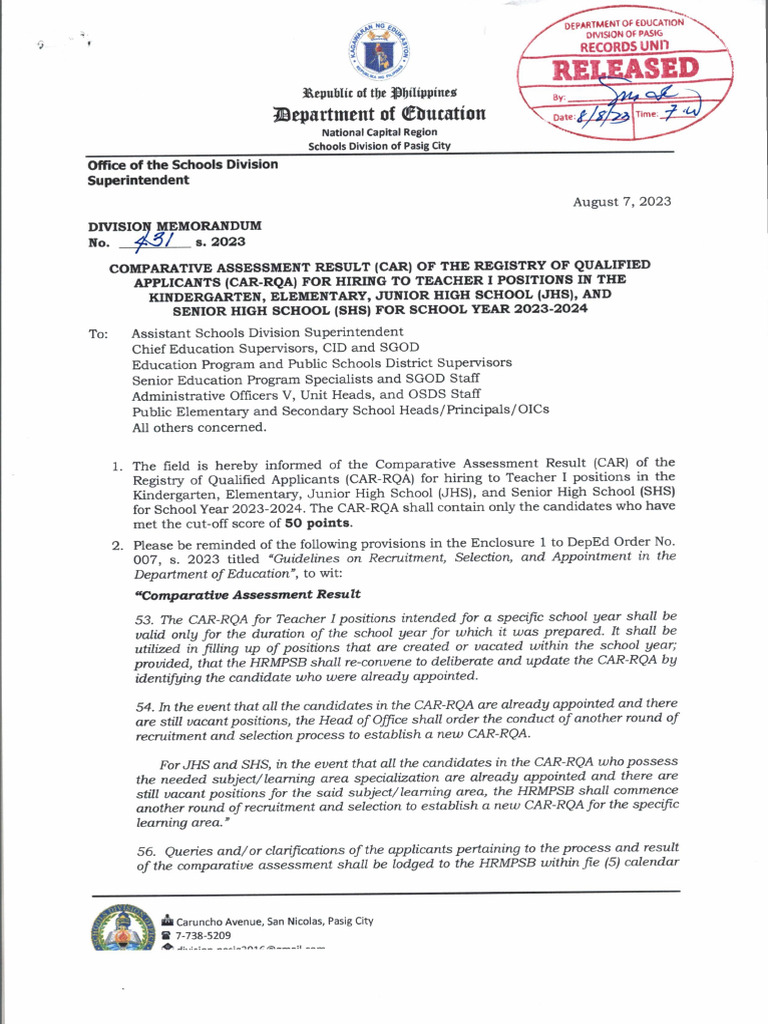DM No. 431 S. 2023 Comparative Result Car of The Registry of Qualified ...