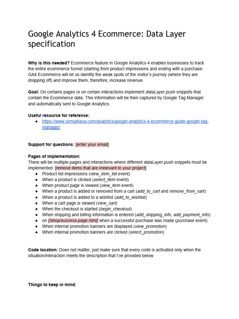 Template - GA4 Ecommerce Implementation Developer Specification | PDF | Parameter (Computer ...