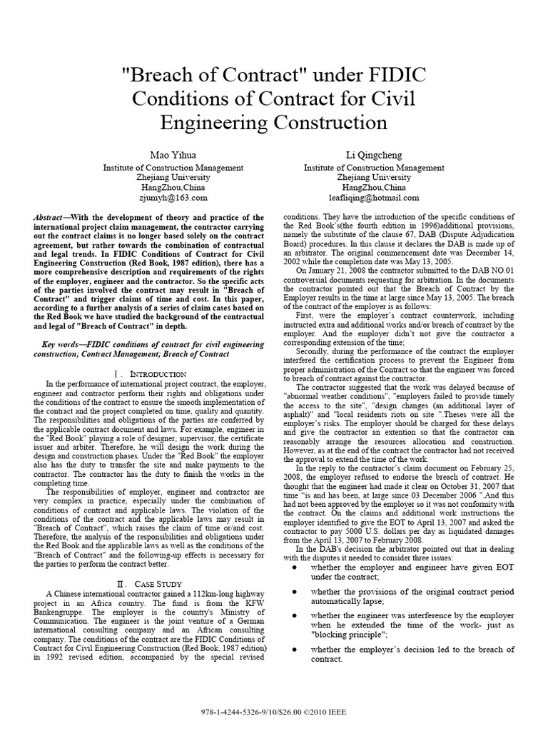 Breach of Contract Under FIDIC Condition | PDF