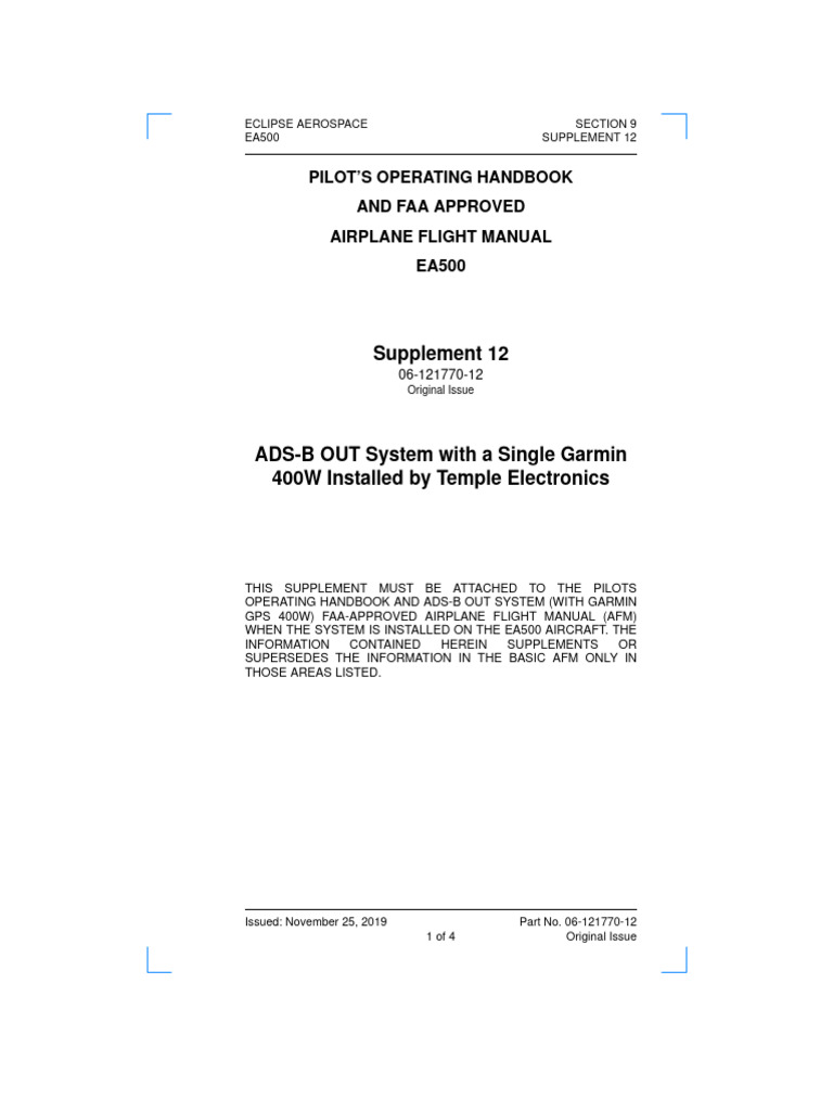 Supplement 12: Pilot'S Operating Handbook and Faa Approved Airplane Flight Manual EA500 | PDF
