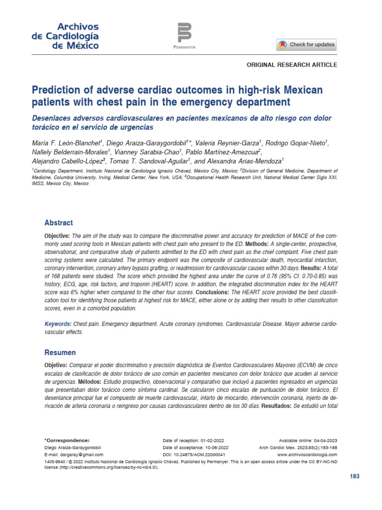 Prediction of Adverse Cardiac Outcomes in High-Risk Mexican Patients ...