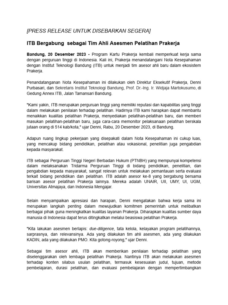 PRESS RELEASE TTD MOU ITB Dan PRAKERJA | PDF | Bisnis