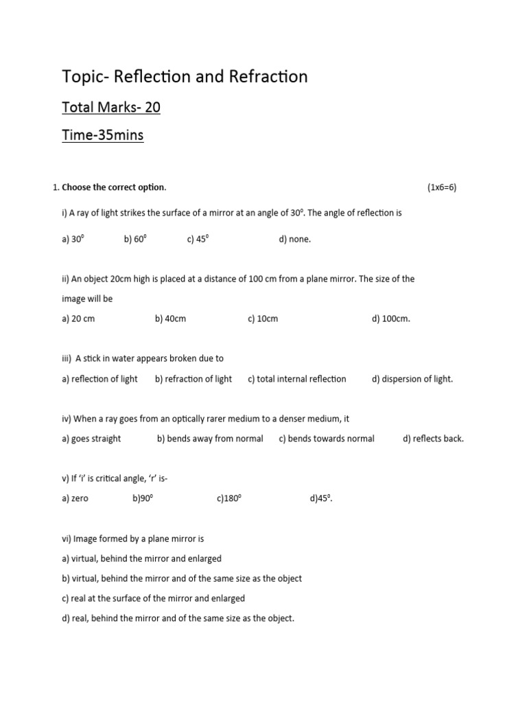 Combined Test On Reflection and Refraction | PDF