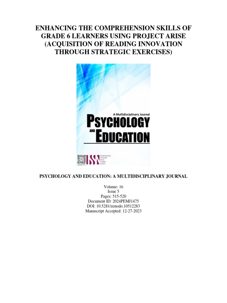 Enhancing The Comprehension Skills of Grade 6 Learners Using Project ARISE (Acquisition of ...