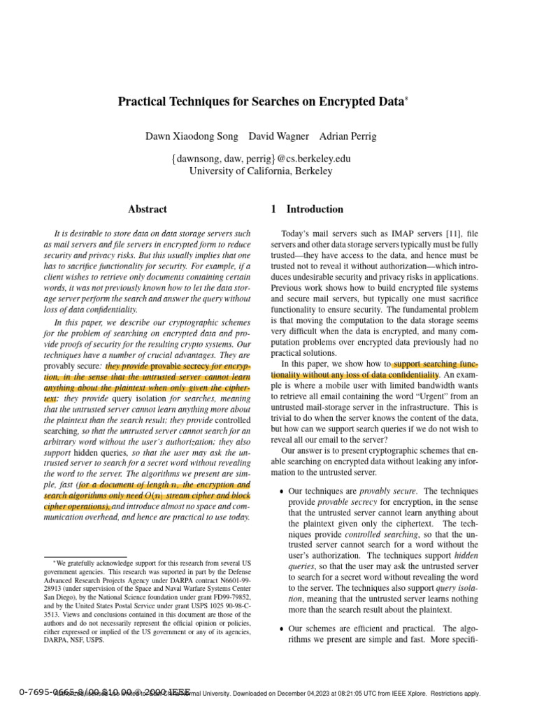 Practical Techniques For Searches On Encrypted Data | PDF
