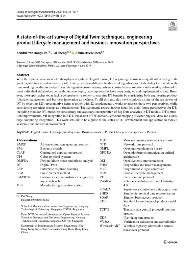 A State‑of‑the‑Art Survey of Digital Twin Techniques Engineering ...