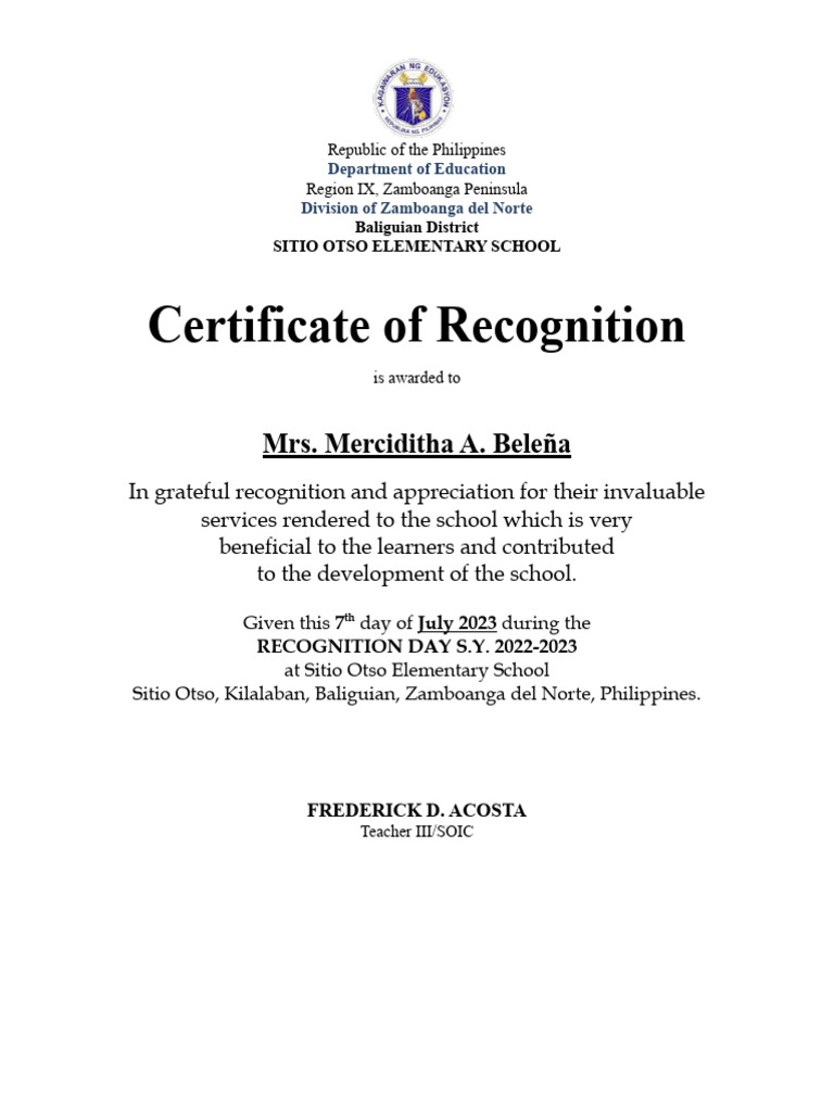 Certificate of Recognition For Parent | PDF