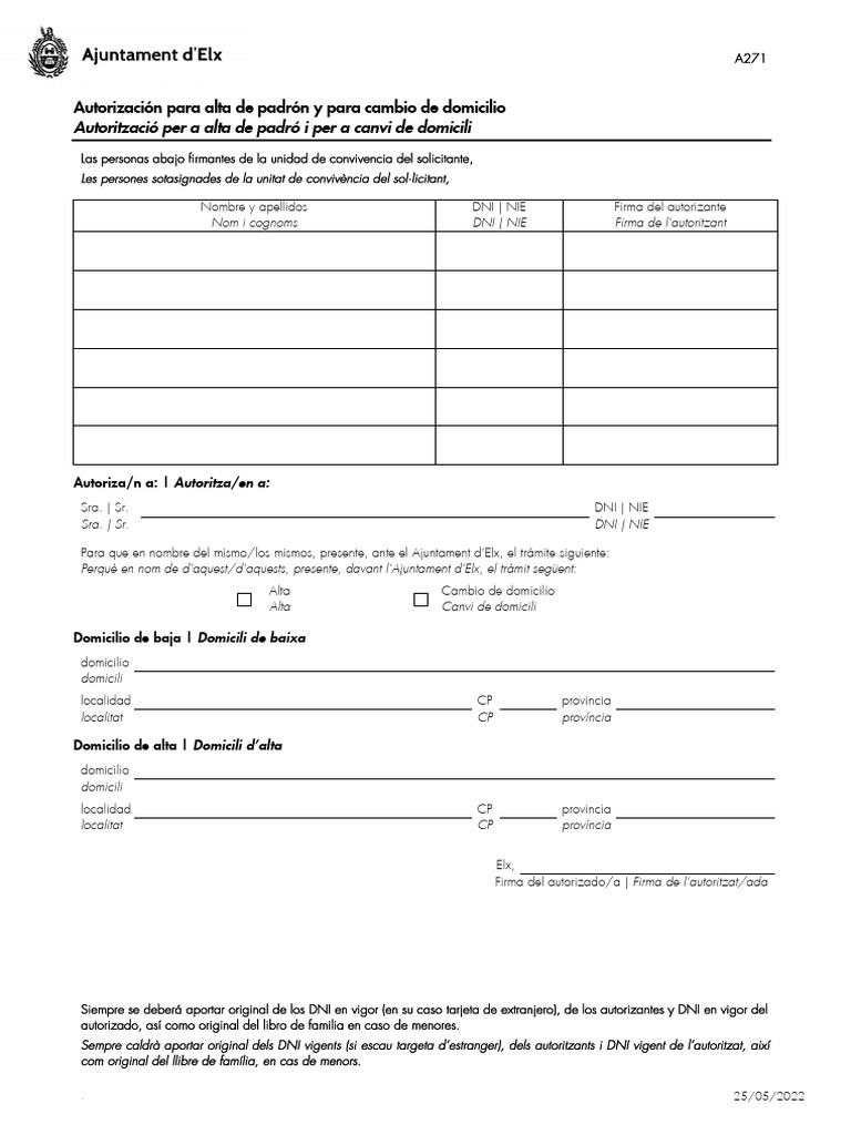 A271 Autorización alta padron y para cambio de domicilio | PDF