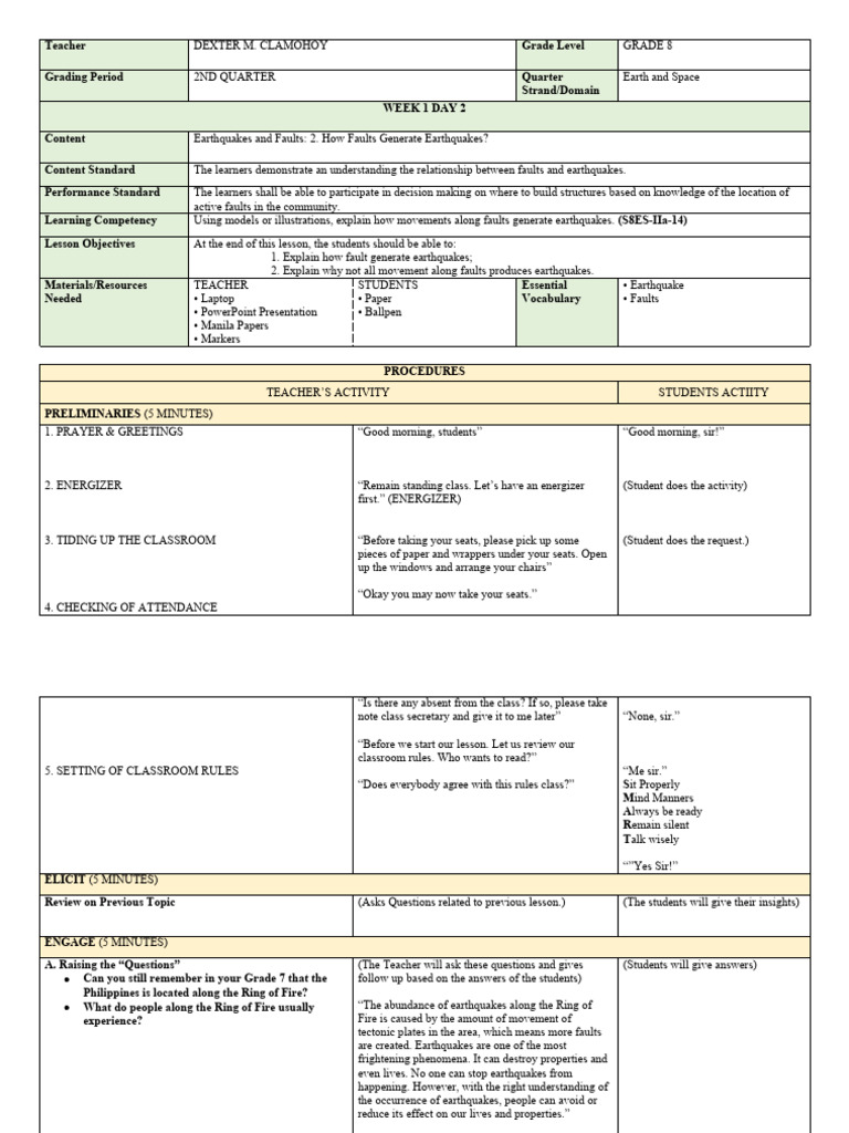 7e Lesson Plan - Day 2 | PDF | Earthquakes | Fault (Geology)