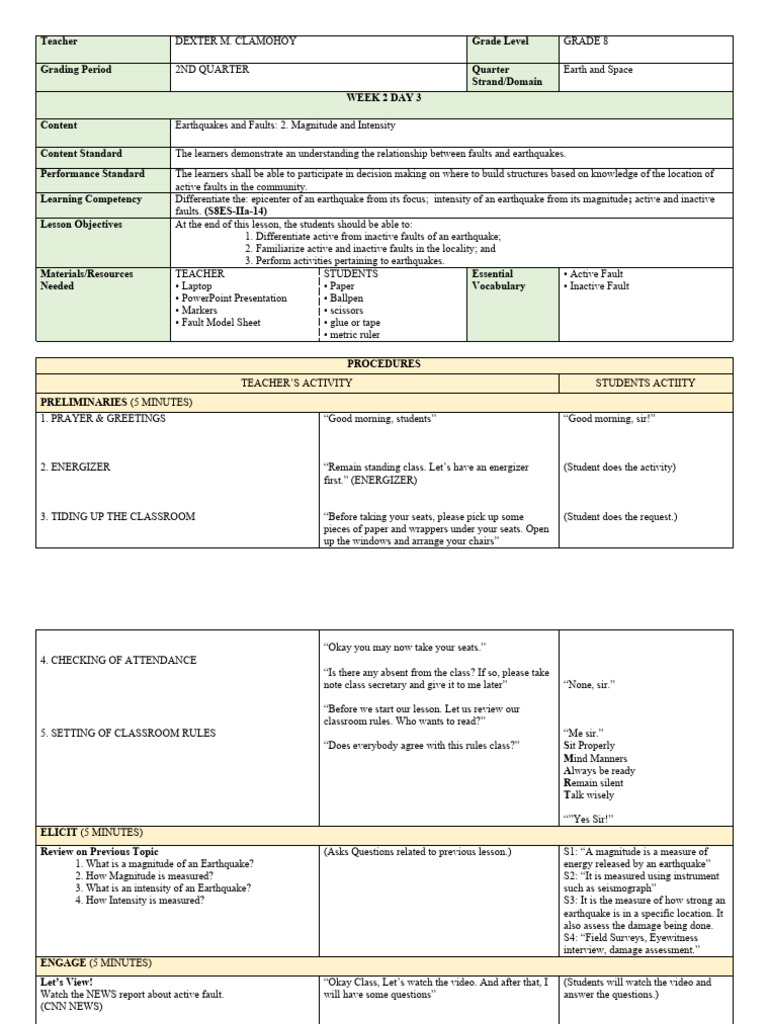 Earthquake Lesson Plan for Grade 8 | PDF | Earthquakes | Fault (Geology)