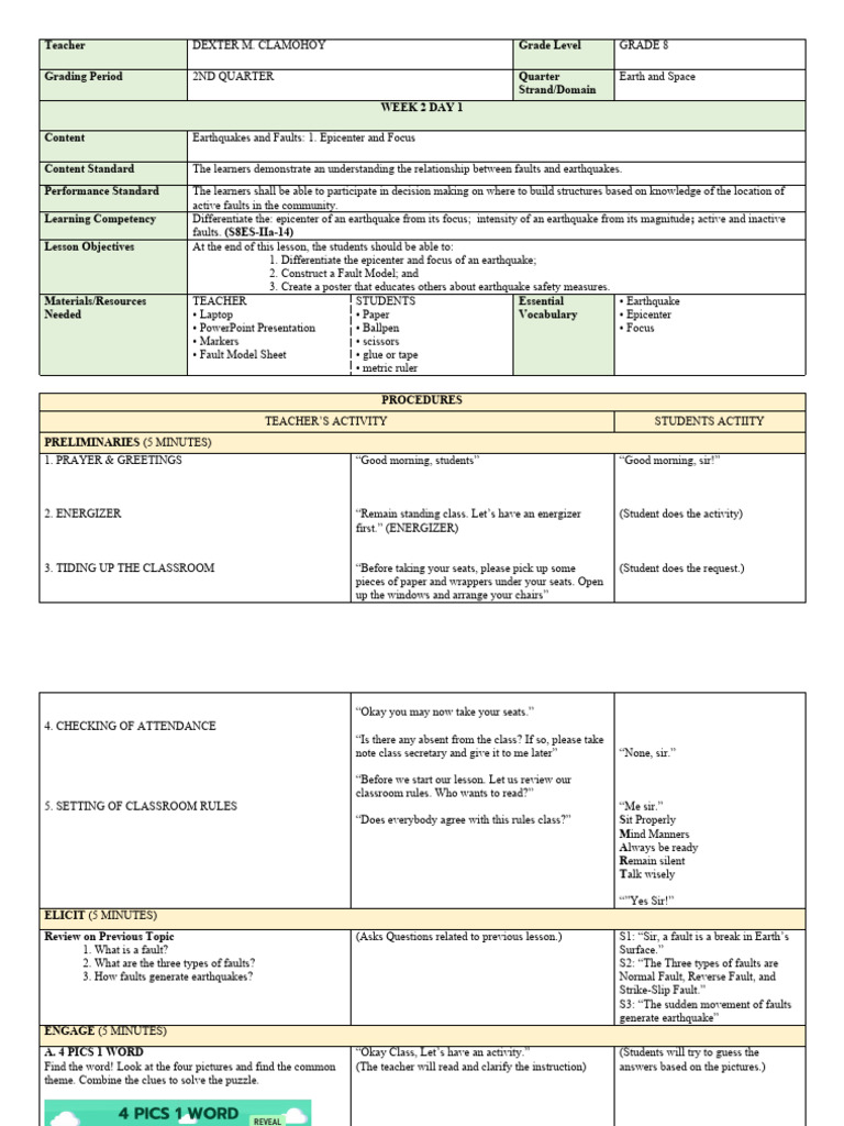 7E LESSON PLAN - Week 2 - Day 1 | PDF | Earthquakes | Fault (Geology)