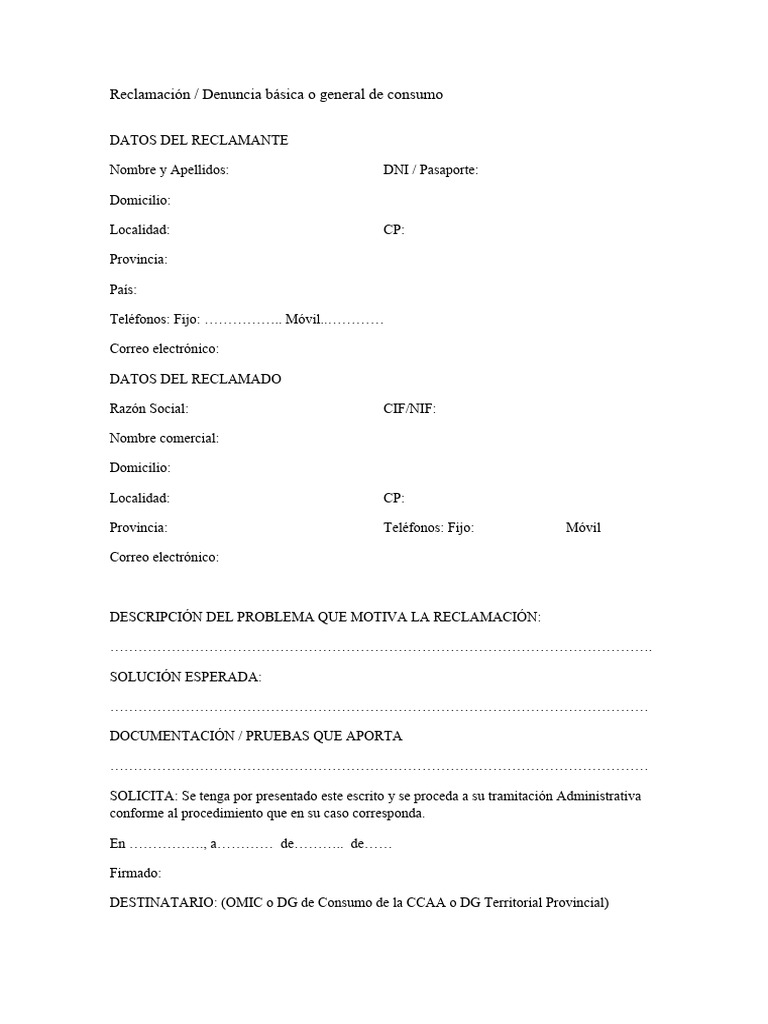 Hoja de Reclamaciones | PDF