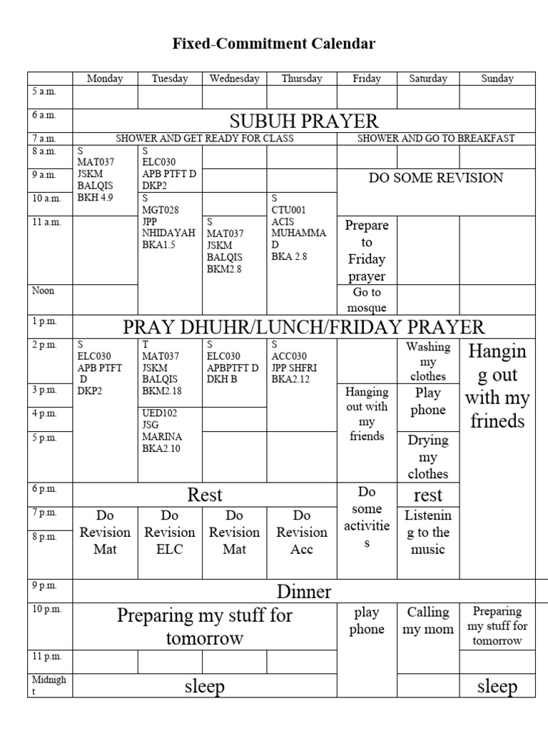 Fixed Commitment Calendar | PDF | Worship | Christian Worship And Liturgy