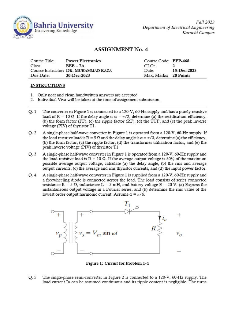 Assignment No. 4: Power Electronics Bee - 7A 2 - M R 15-Dec-2023 30-Dec ...