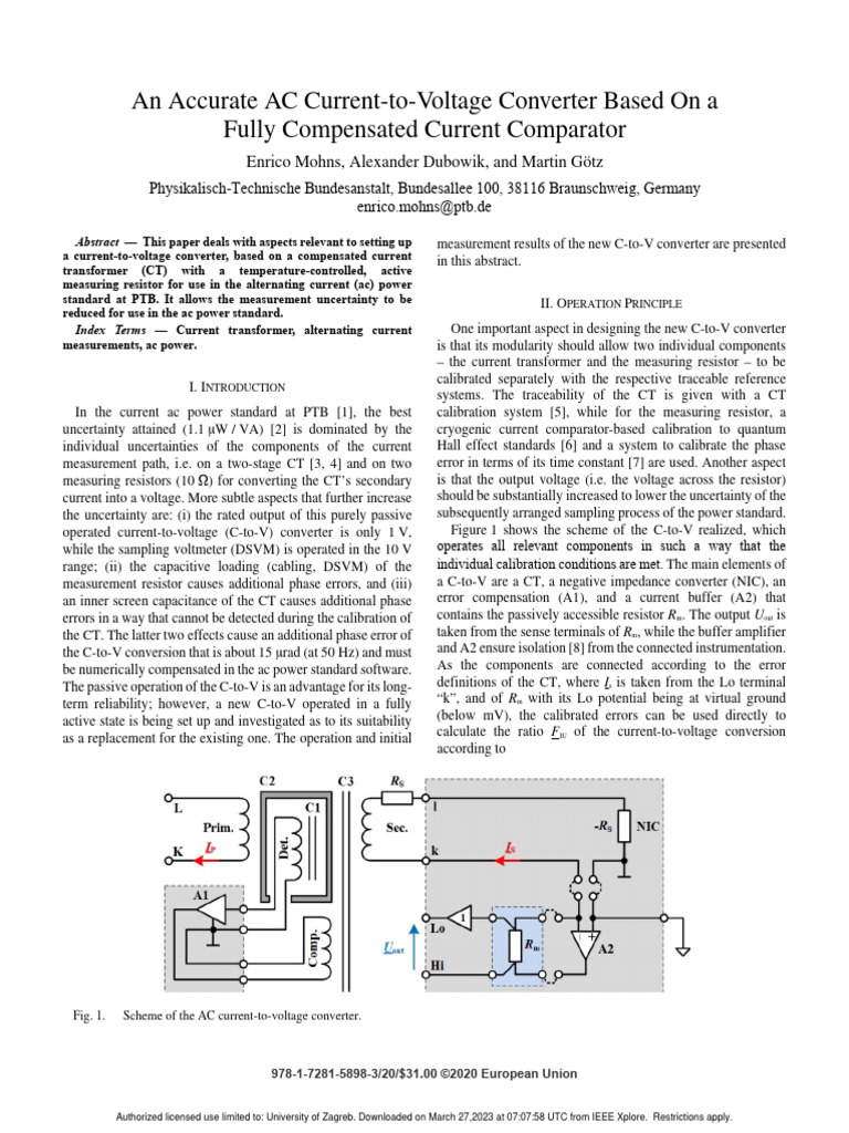 An Accurate Ac Current To Voltage Converter Based On A Fully Compensated Current Comparator
