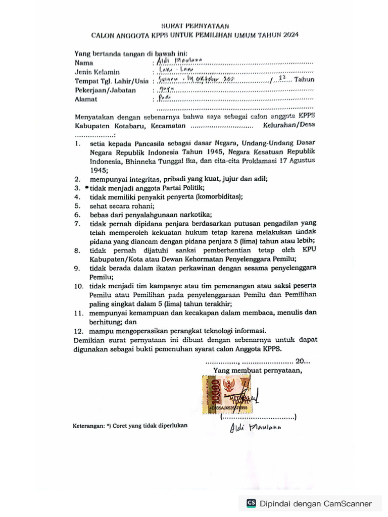 Surat Pernyataan Aldi | PDF