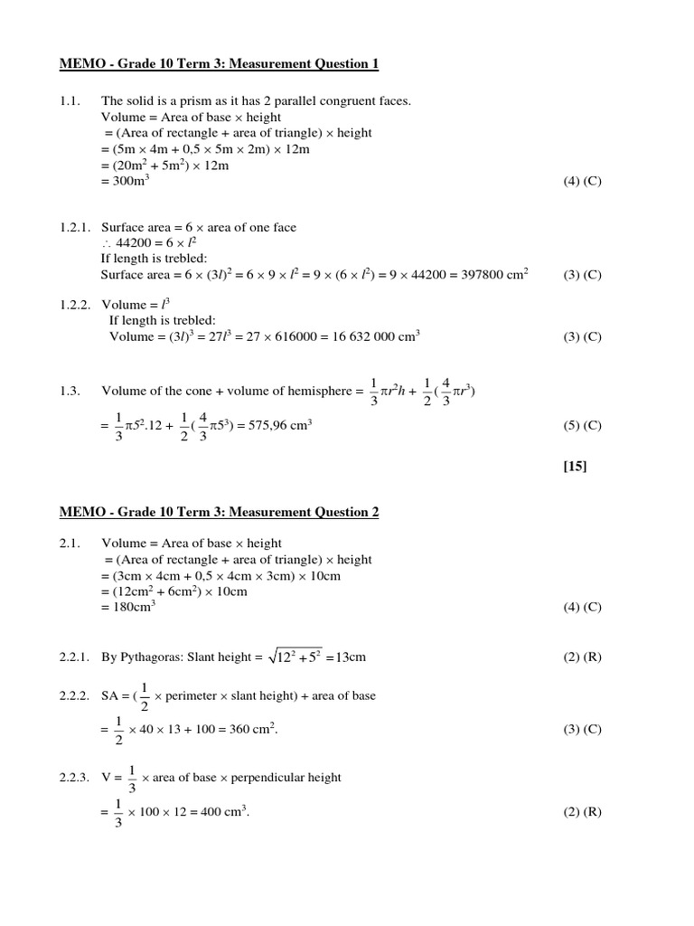 Grade 10 Measurement ANSWERS | Download Free PDF | Area | Surface Area