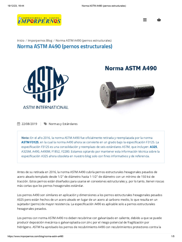 Norma ASTM A490: Pernos Estructurales | PDF | Acero | Sustancias químicas