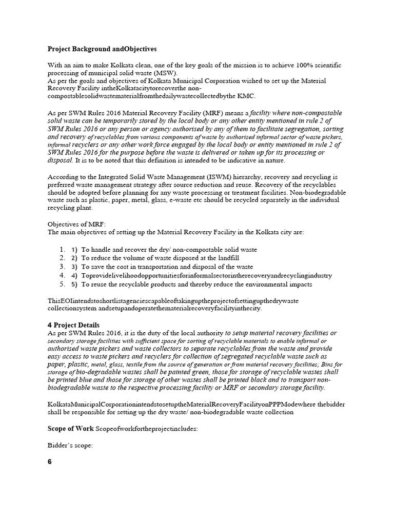 EOI Draft Project Background and Objectives | PDF | Municipal Solid ...