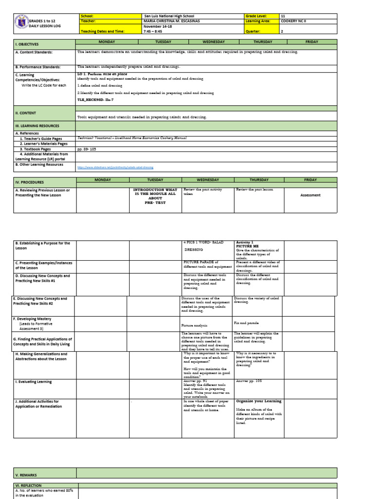 Cookery DLL | PDF | Learning | Teachers