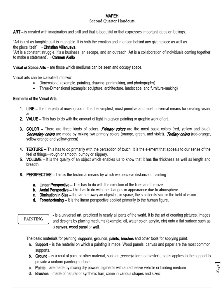 2nd Mapeh Handout - Copy | PDF | Film Speed | Paintings