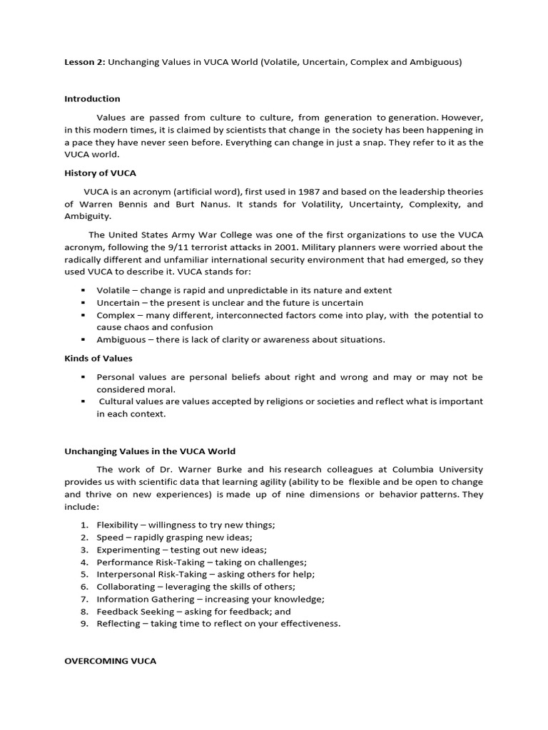 Lesson 2. Unchanging Values in a VUCA World | PDF